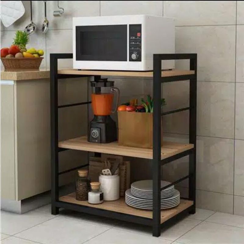 Jual rak minimalis kayu dan besi rak dapur multifungsi 3 susun | Shopee ...