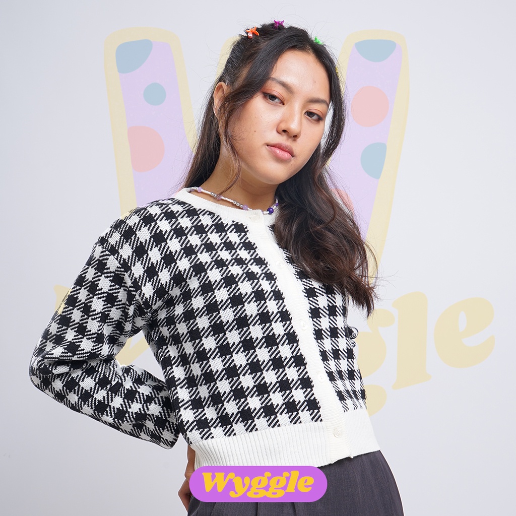 Jual Wyggle - Nora Crop Cardigan rajut atasan korea motif kotak-kotak (100% Knitting) | Shopee ...