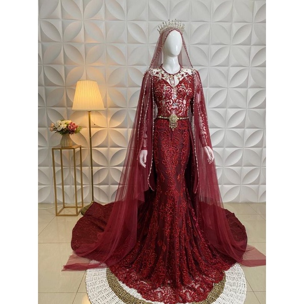 Jual kebaya merah maroon cantik slim ekor | Shopee Indonesia