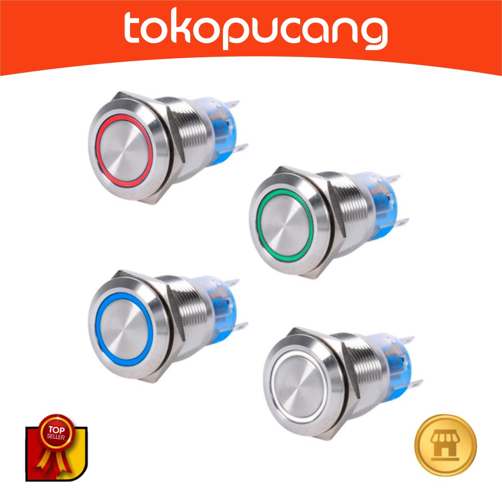 Jual Push ON OFF LED metal switch 19mm iluminated 12V Nikel self ...