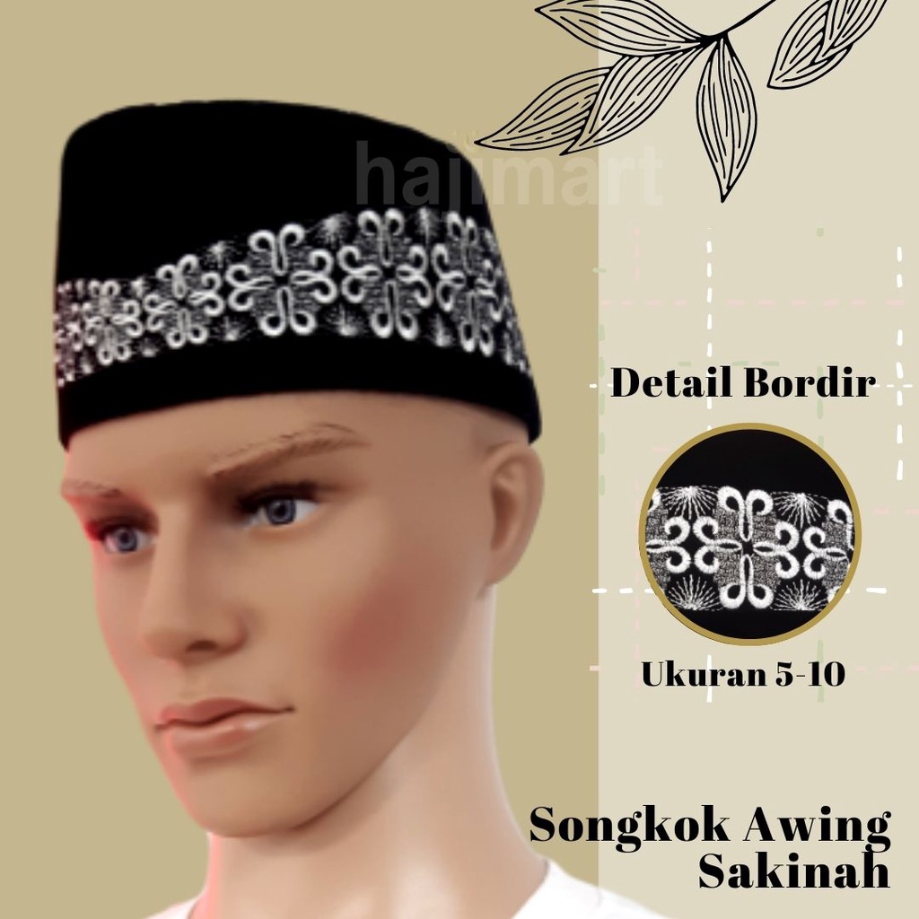 Jual SONGKOK AWING SAKINAH/ SONGKOK HITAM BORDIR WARNA PERAK/ SONGKOK ...