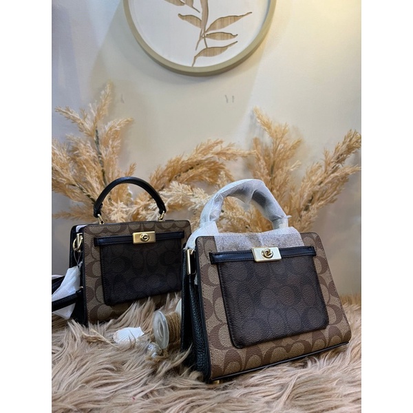 Jual Coach C8688 Mini Lane Top Handle in Blocked Signature Khaki Brown ...
