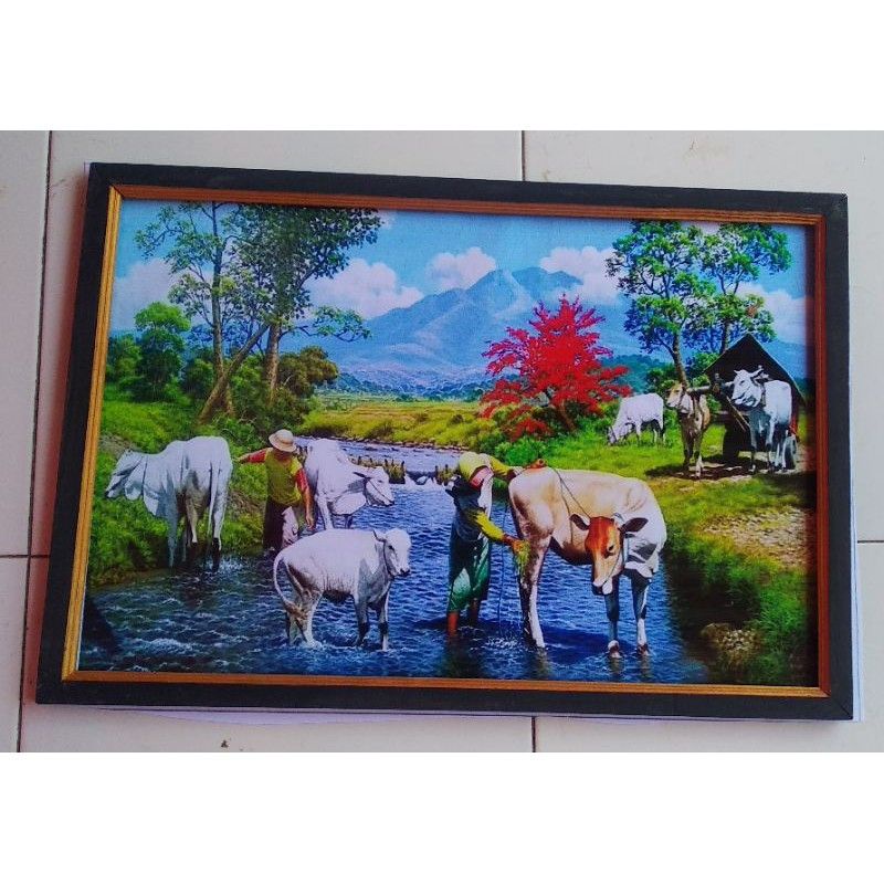 Jual Hiasan dinding lukisan cetak pemandian sapi di sungai plus bingkai ...