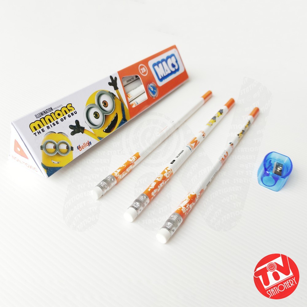 Jual Pensil Triangle 2B Macs MINIONS dengan Penghapus (12 pcs +Free ...