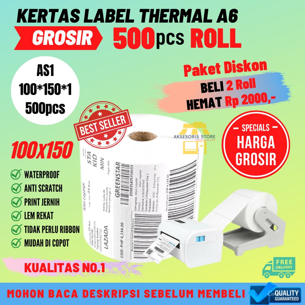 Jual KERTAS THERMAL LABEL STICKER 100X150 500PCS ROLL UKURAN A6 RESI BARCODE | Shopee Indonesia