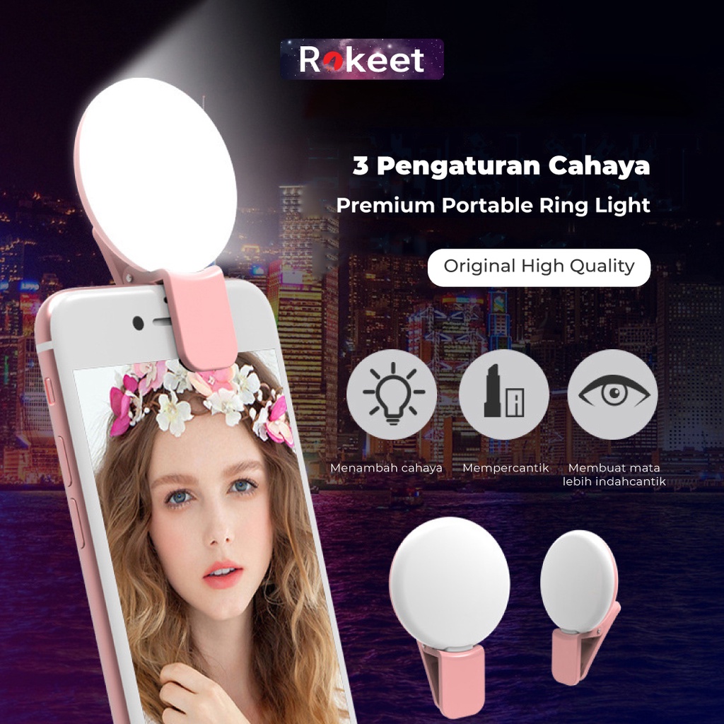 Jual Rokeet Mini Ring Light Portable Clip Selfie Lampu Live Streamer LED 3 Kecerahan | Shopee ...
