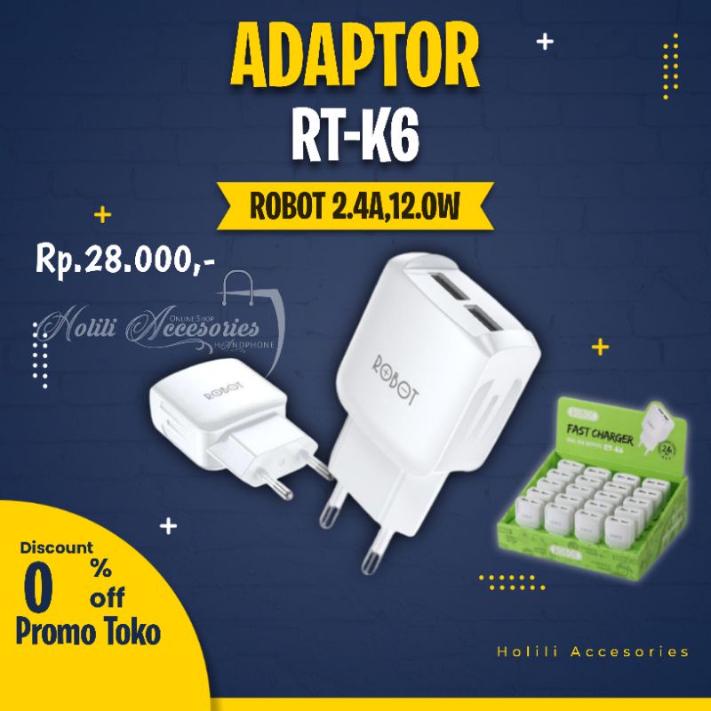 Jual ADAPTOR ROBOT RT-K6 2.4A Dual output Charger Robot Kabel Data ...