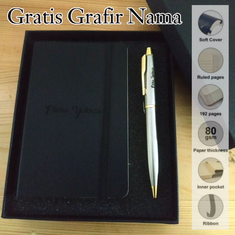 Jual giftset pulpen dan notebook kulit exclusive gratis Grafir nama ...
