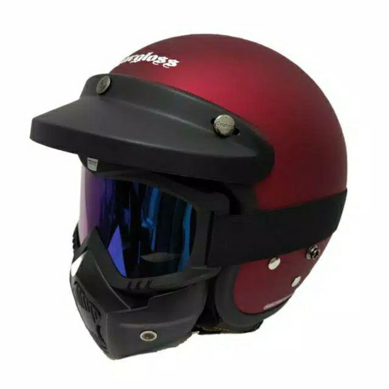 Jual Helm Bogo Cargloss Retro Original Maroon doff set Goggle mask ...