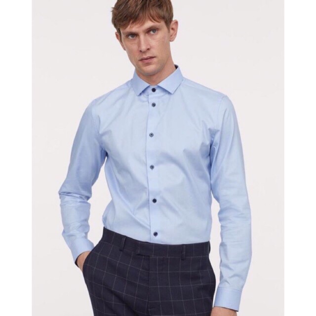 Jual Kemeja H&M HnM Slim fit Cotton Shirt Light Blue Original Kerja ...