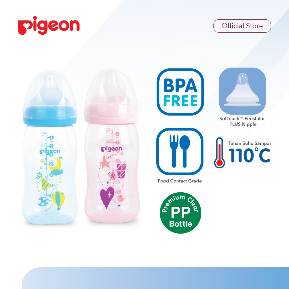 Jual PIGEON Botol Susu PP Clear Wide Neck 240ML - Pink/Blue | Shopee Indonesia
