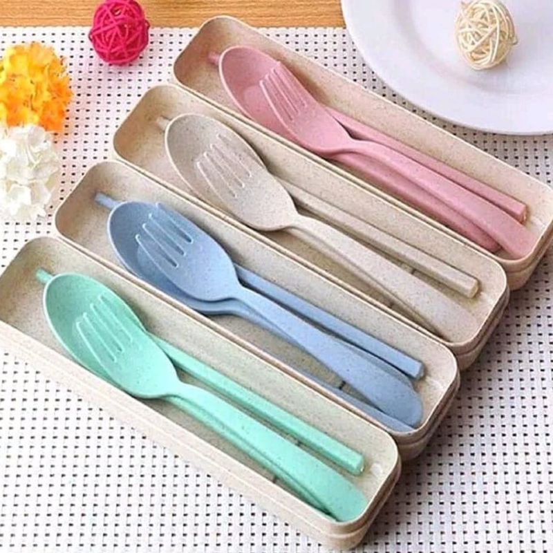 Jual SENDOK SET JERAMI WHEAT 3 IN 1 L / SET ALAT MAKAN JERAMI PORTABLE ...