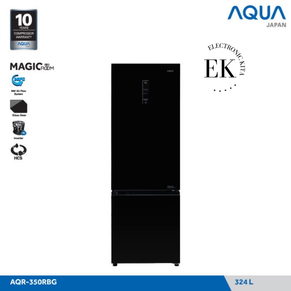 Jual KULKAS AQUA 2 PINTU 324 L FREEZER BAWAH DEO FRESH INVERTER TEMPERED GLASS HITAM 350RBG 350 ...
