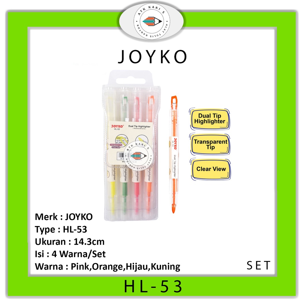 Jual JOYKO - Dual Tip Highlighter Penanda Berwarna HL-53 - SET | Shopee ...