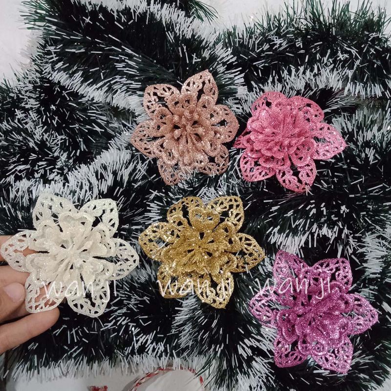 Jual BUNGA GLITTER MOTIF artificial 10 CM hiasan pohon natal dekorasi ...