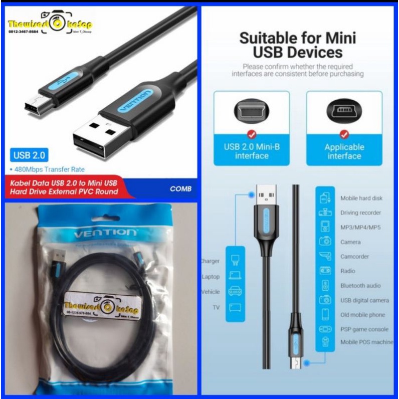 Jual Vention COM 2M Kabel Data Mini USB 5pin Type B for Camera DSLR ...