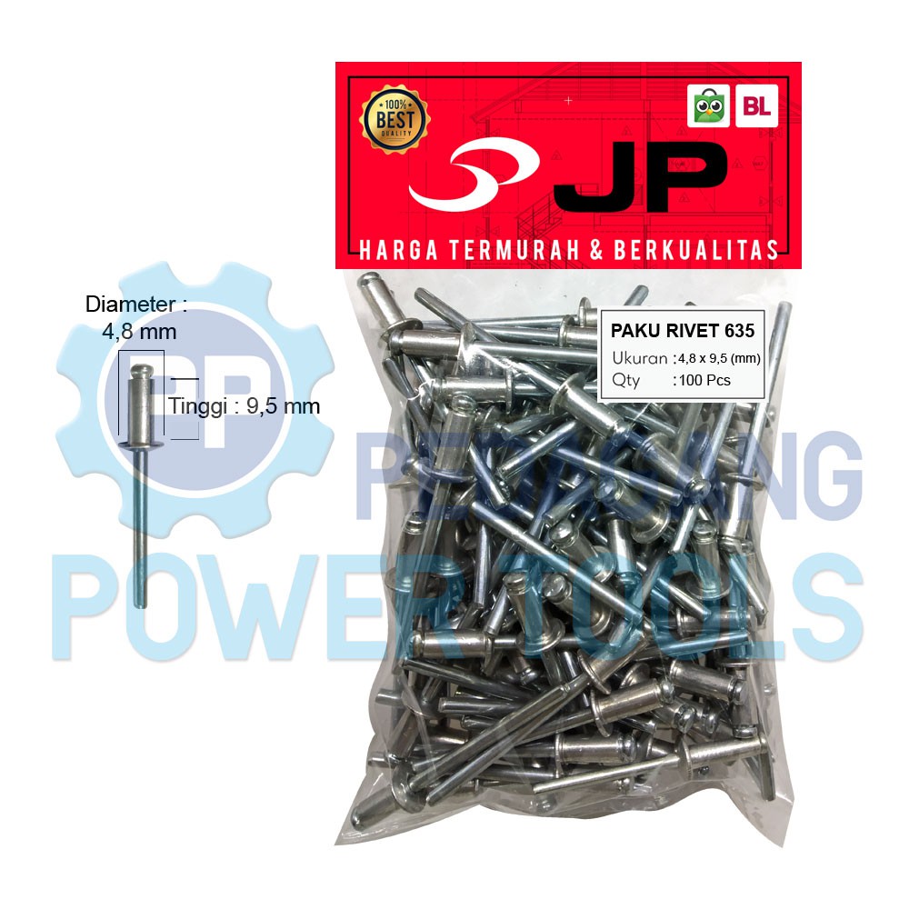 Jual PAKU RIVET 4.8 X 9.5 MM 635 BLIND RIPET RIFET TEMBAK ALUMINIUM 100 ...