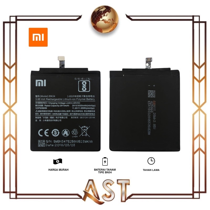 Jual Baterai Xiaomi BN34 Batre Redmi5A Redmi 5A Bat BN 34 model ...