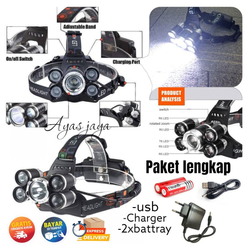 Jual Headlamp Light Cree XM-L T6 + 4 XPE 40000 Lumens with 2x18650 ...