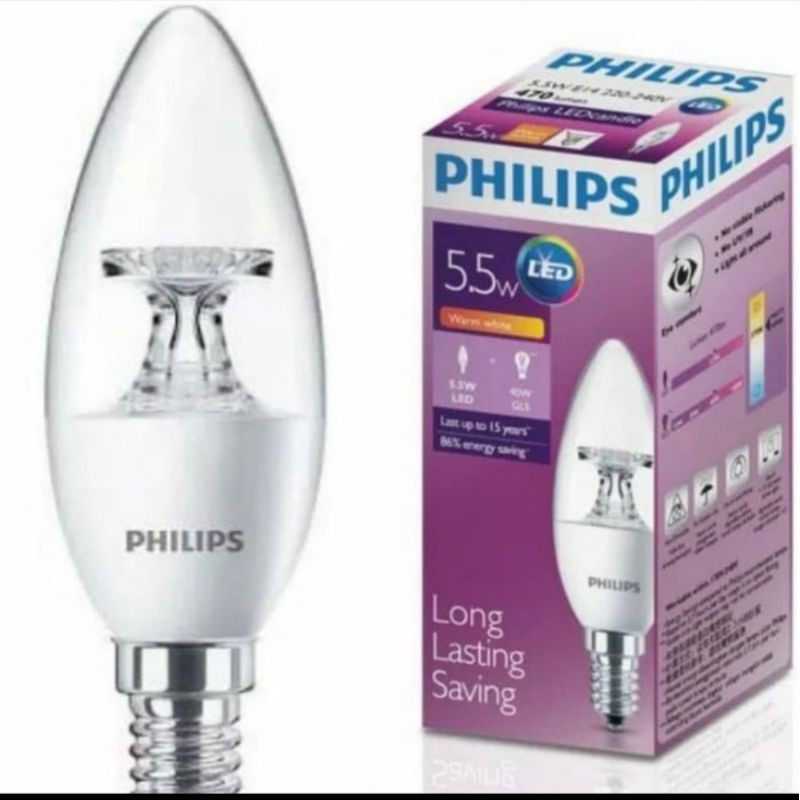 Jual LAMPU LED CANDLE PHILIPS 5,5 W WATT (E14/KUNING) | Shopee Indonesia