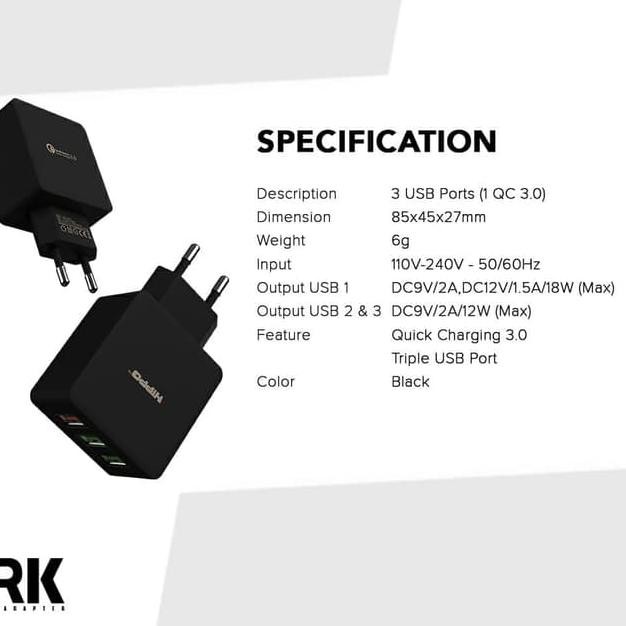 Jual Wow Murah-368 Adapter Hippo ARK 3 Quick Charger 30W Total OutPut 3 ...