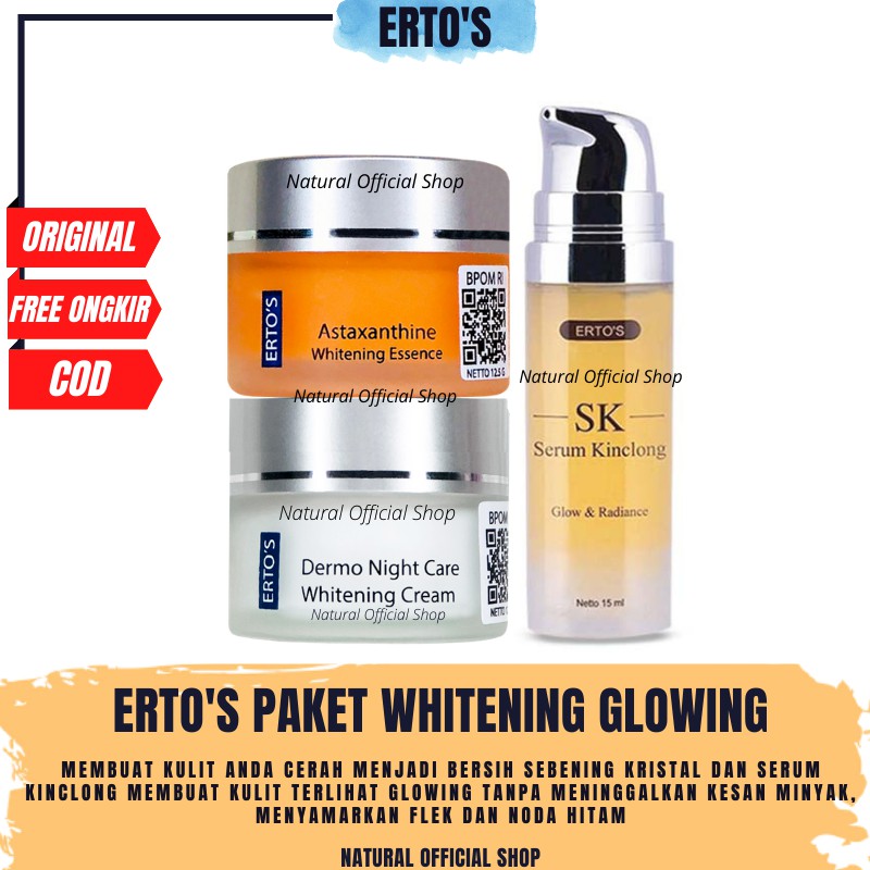 Jual Ertos Paket Whitening Glowing Flek Hitam 3in1 ( Serum Kinclong, Astaxanthine, Night Cream ...