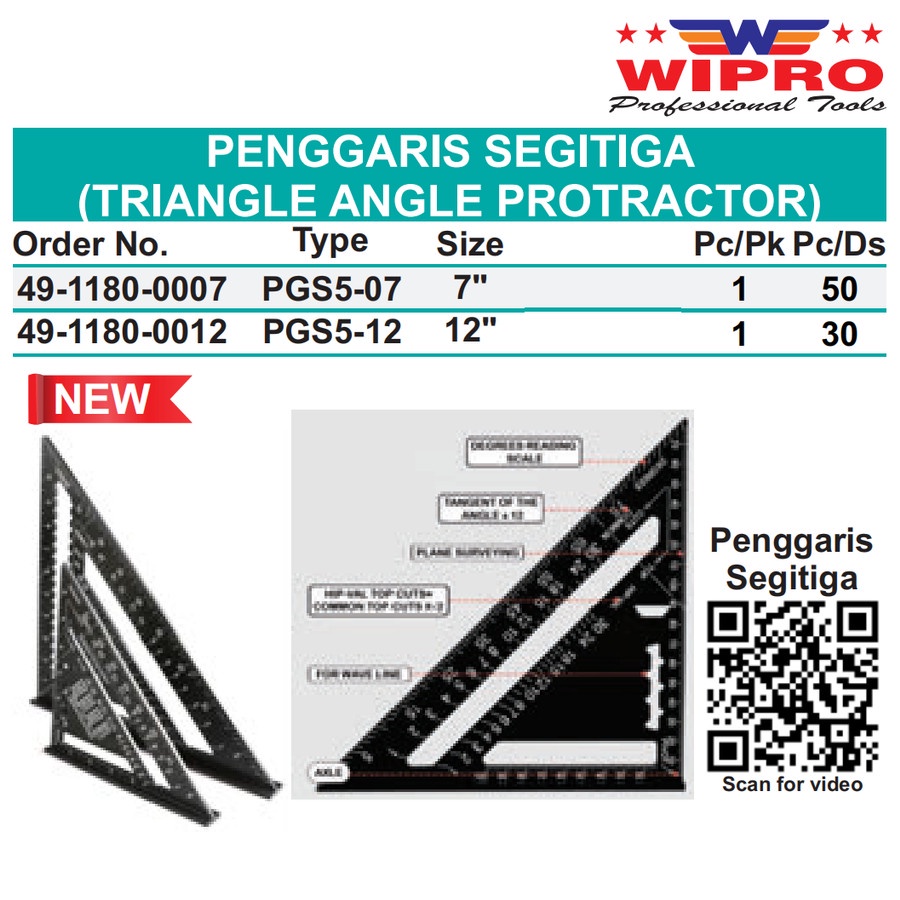 Jual WIPRO PGS5-07/PGS 5 7 Penggaris Segitiga/Siku Tukang Hitam 7 Inch ...
