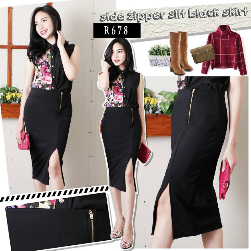 Jual Rok slit midi skirt hitam polos kerja kantor formal bestseller ...