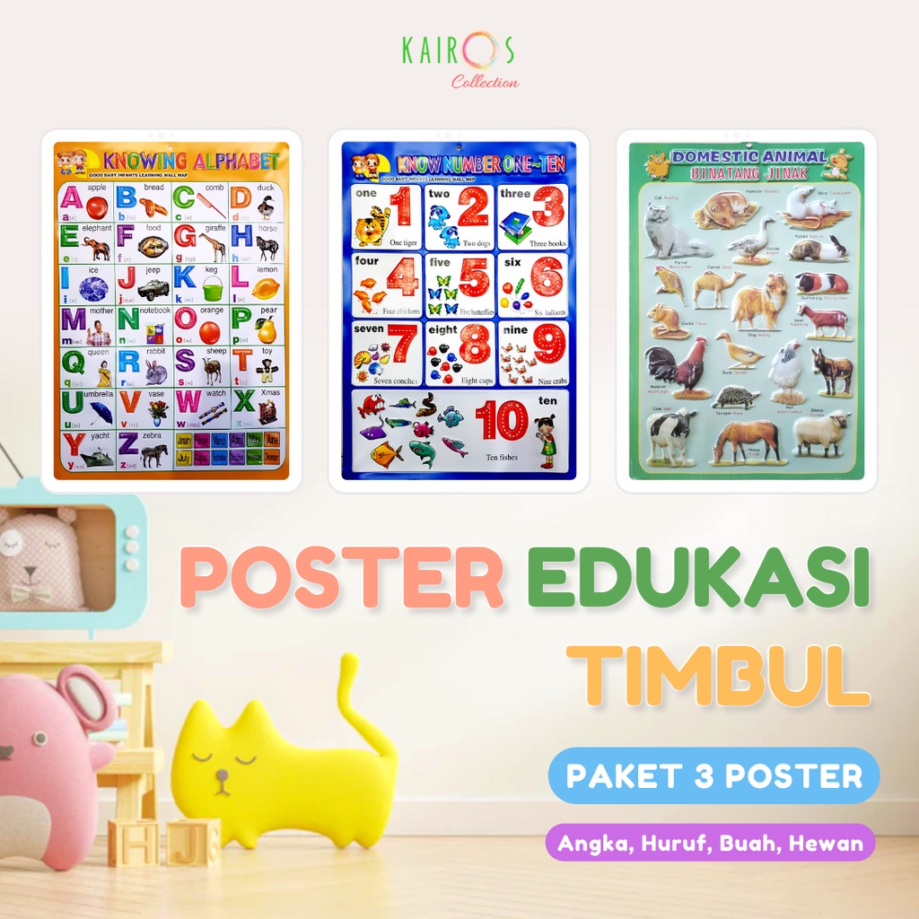Jual Paket Hemat 3 Poster Timbul Edukasi Anak Menenal Angka Huruf Buah ...