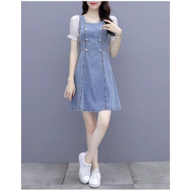 Jual SEVEN.CLOTH Denim Dress wanita kombinasi chiffon lengan pendek ...