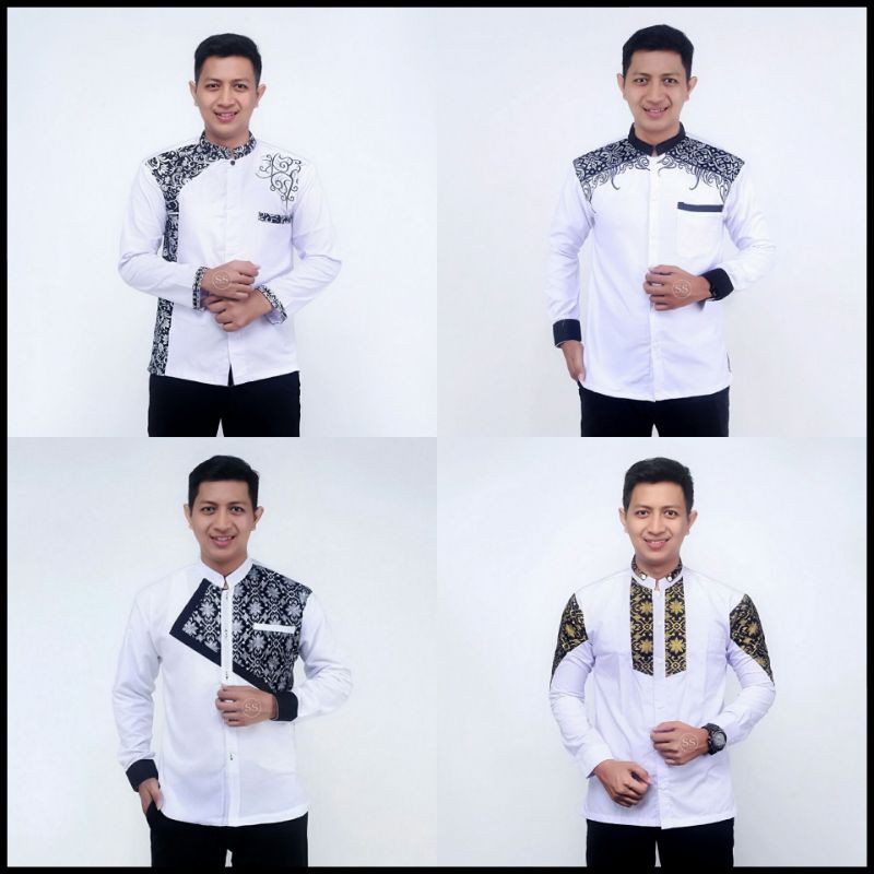 Jual Baju Kemeja Koko Pria Modern Warna Putih Kombinasi Hitam Motif ...
