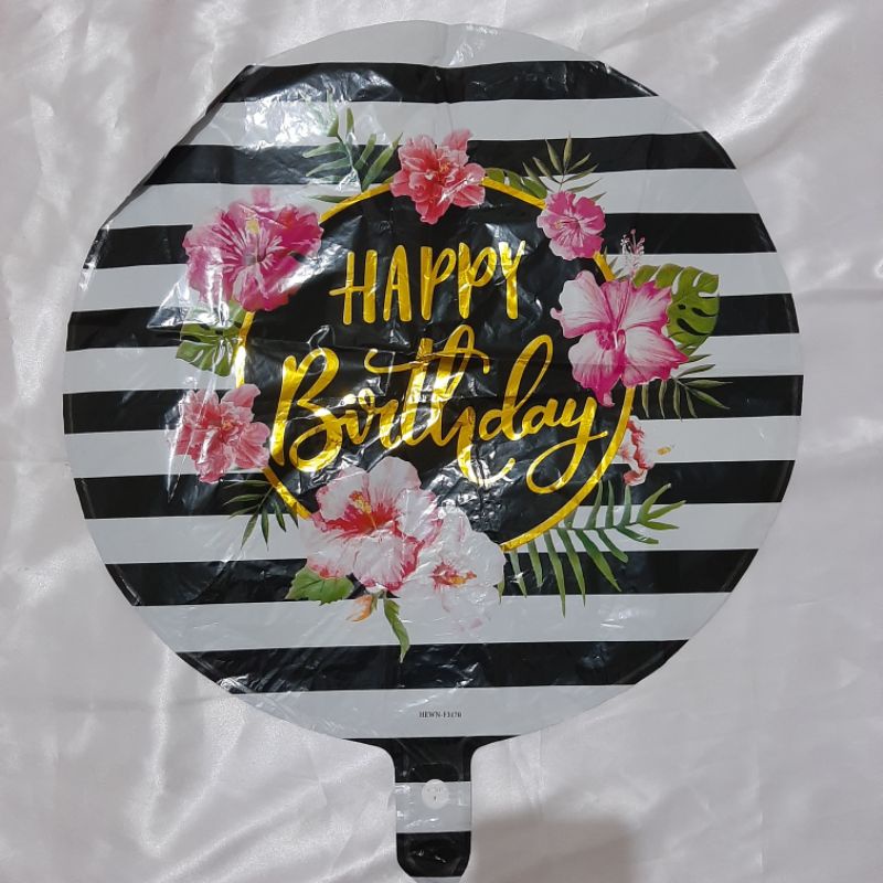 Jual Balon tulisan Happy Birthday hitam putih bunga Balon foil bulat ...