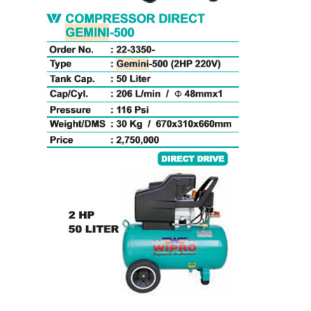 Jual Kompressor Angin WIPRO 2 HP 50 L GEMINI 500 Air Compressor ...