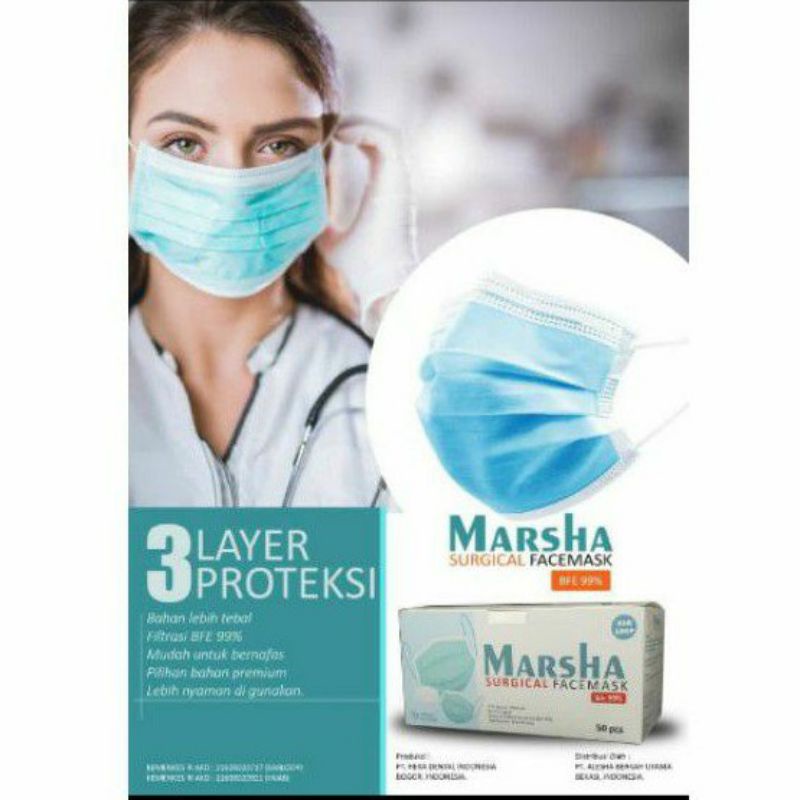 Jual 1 box isi 50 pcs Masker Medis Marsha 3 ply Ijin Kemenkes AKD ...