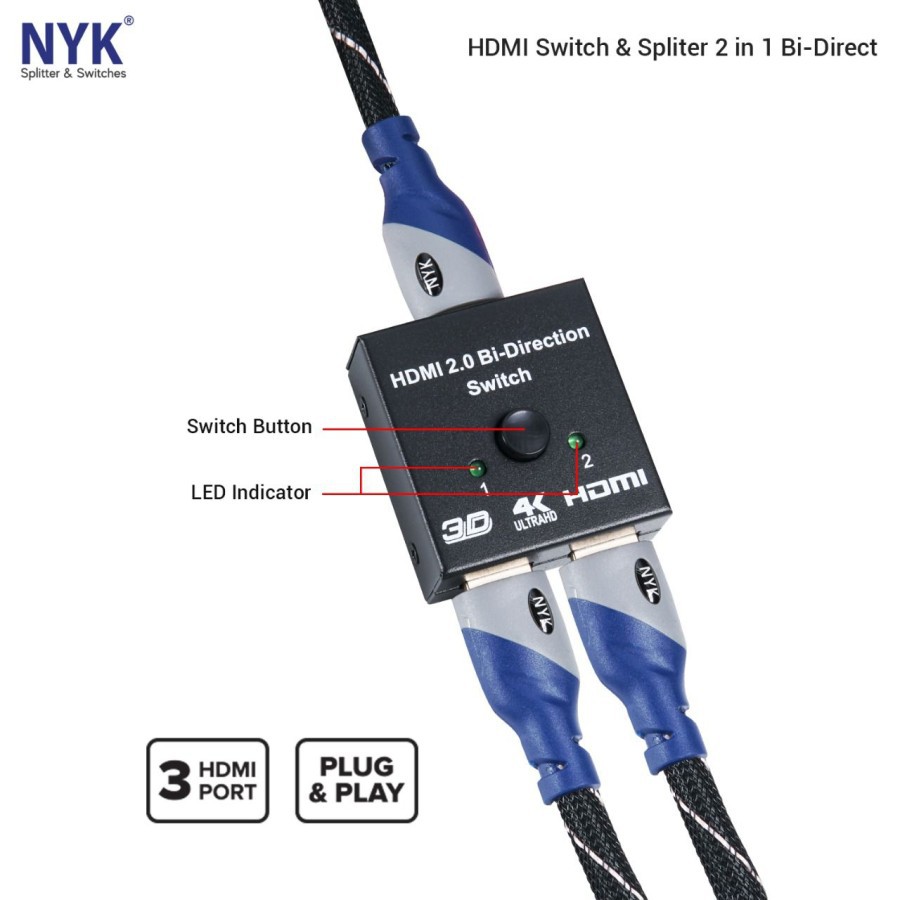 Jual NYK HDMI Switch & Splitter 2 in 1 Bi-Direct | Shopee Indonesia