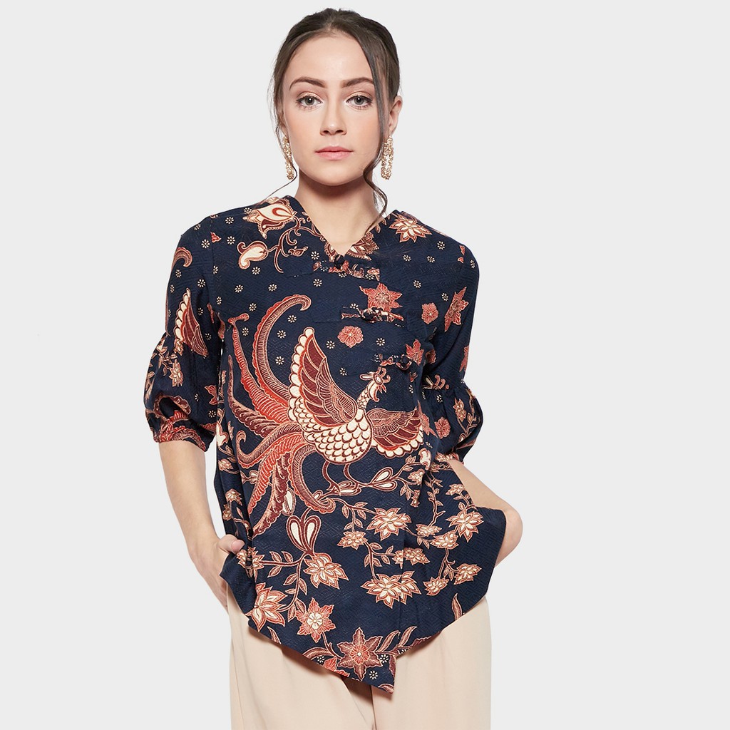Jual Batik Semar Naura Blouse Visc - Merak Sawiji - Navy | Shopee Indonesia