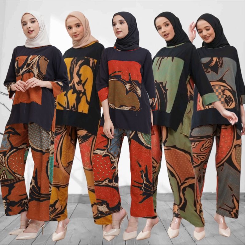 Jual setelan wanita rayon murah celana blus Abstrak 1 halus atasan ...