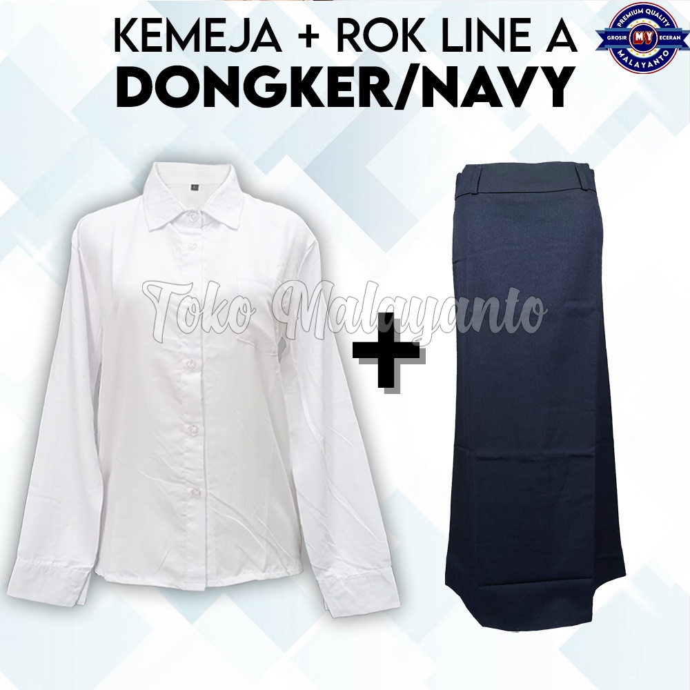 Jual SETELAN KEMEJA & ROK LINE A PANJANG DONGKER/NAVY, KEMEJA PUTIH ...