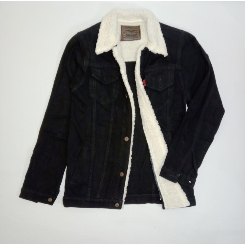 Jual JAKET SHERPA | JAKET JEANS SERPA | JAKET JEANS BULU WALL HITAM ...