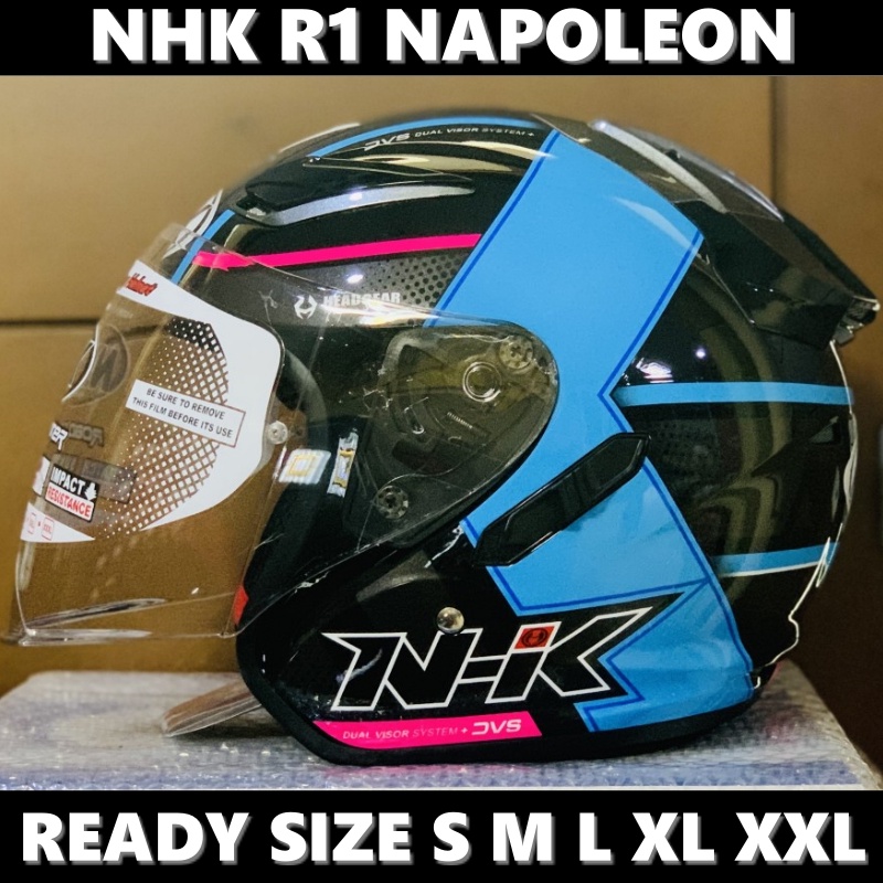 Jual Helm NHK R1 Napoleon Black Blue Glossy Double Visor Half Face ...