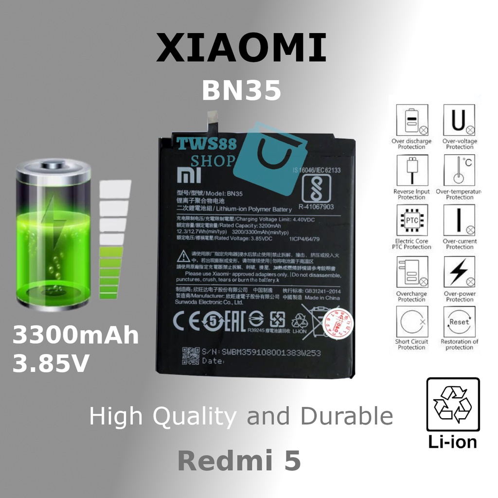 Jual (TWS) Baterai batre battery Original Xiaomi Redmi 5/ BN35 | Shopee ...