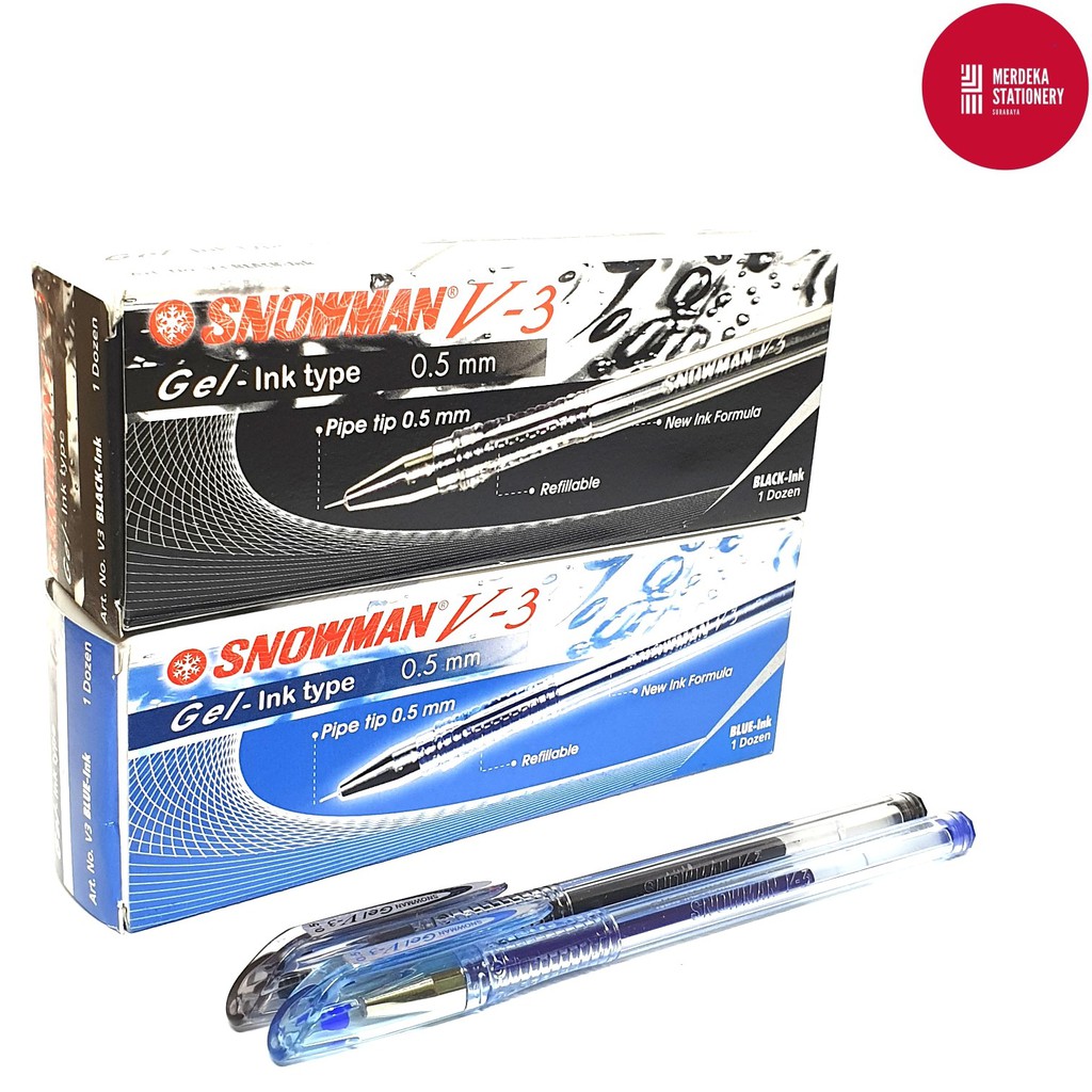 Jual (ISI 12)Pulpen/Bolpen/Ballpoint/Ballpen Gel Snowman V3/V-3 (HITAM ...
