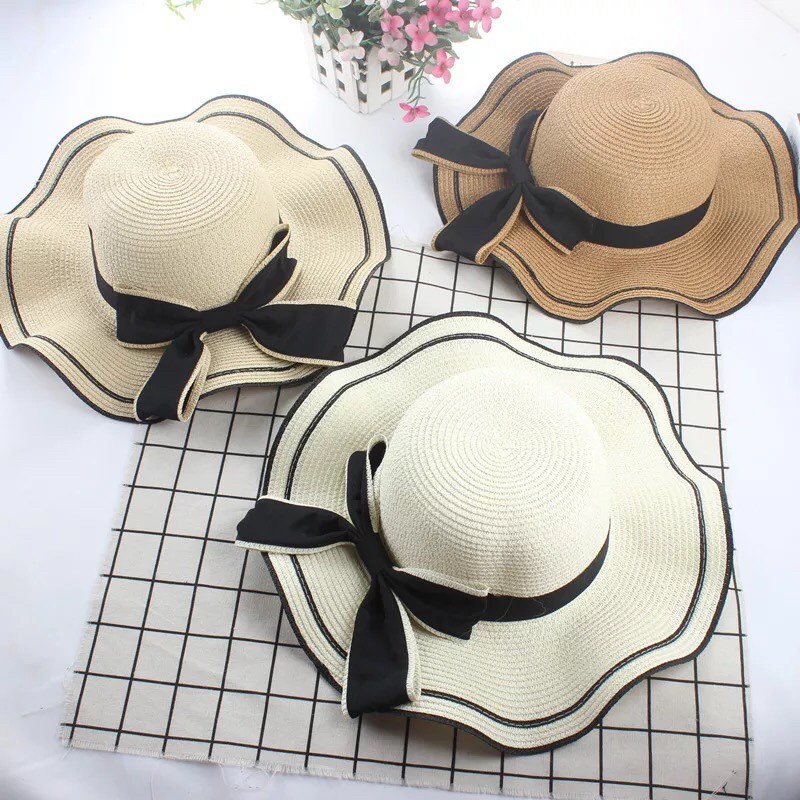 Jual Topi Pantai Gelombang Wanita Hitam Putih Pita Tali Leher | Shopee Indonesia