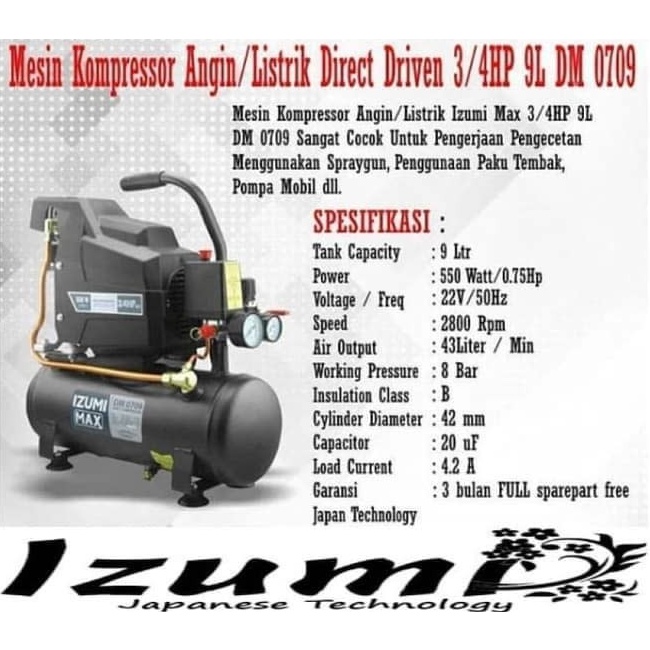 Jual Mesin Kompresor Compressor Angin Listrik Izumi 3/4 HP 9L ( Standar ...