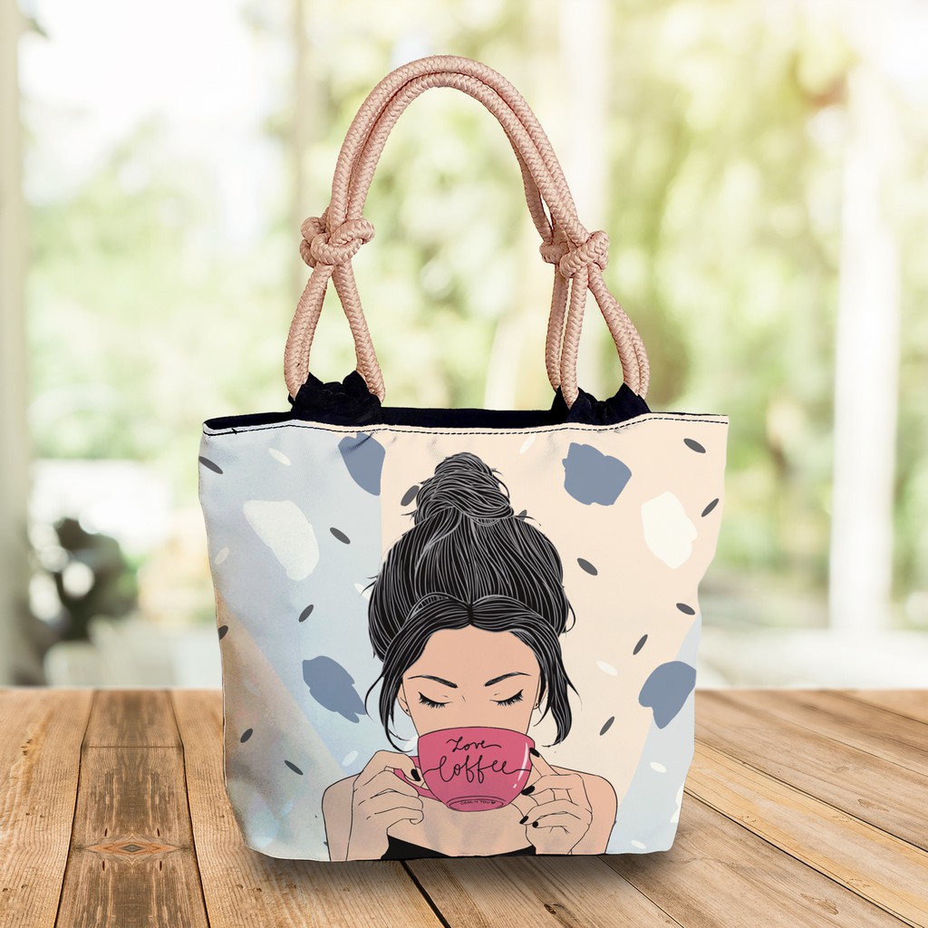 Jual [MOTIF COFFEE] COD Tas Wanita Remaja Sekolah Tote Bag Tali Sumbu ...