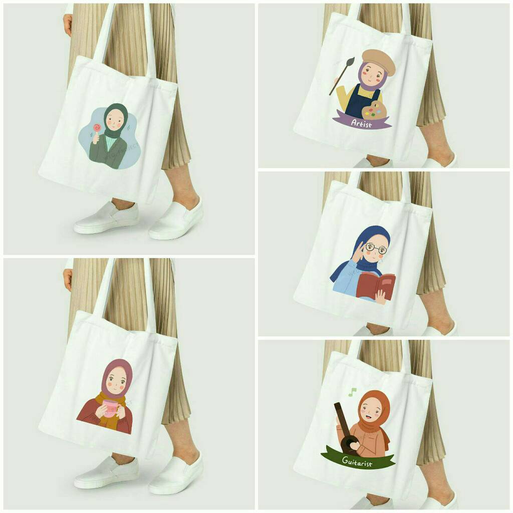 Jual TOTE BAG KANVAS / TOTE BAG WANITA / TOTE BAG HIJAB ILUSTRASI | Shopee Indonesia