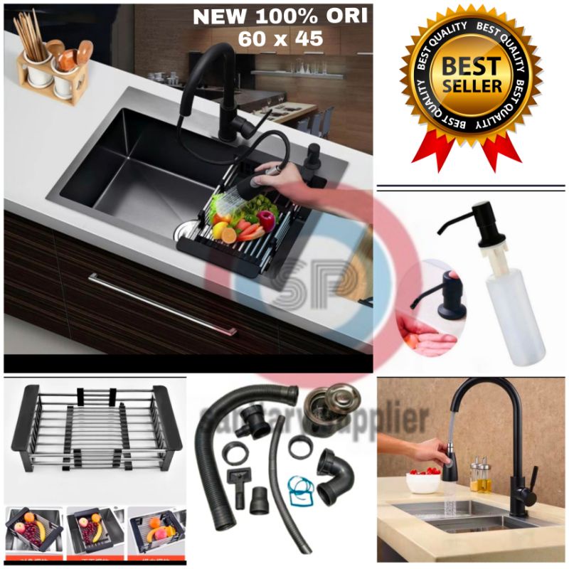 Jual KITCHEN SINK 6045 BLACK LENGKAP KRAN/KRAN TARIK/KRAN PIPA/KRAN ...