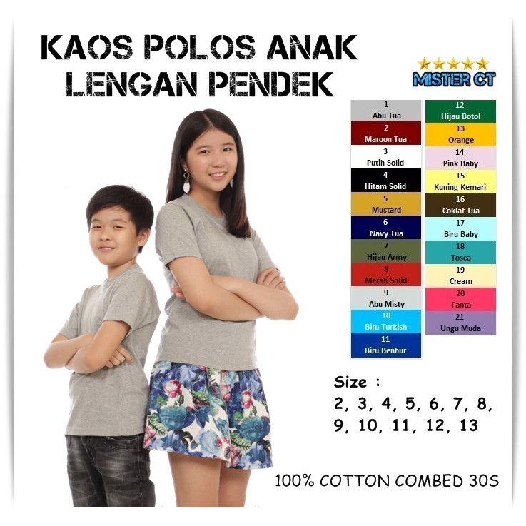 Jual Mister CT Kaos Polos Anak Lengan Pendek Cotton Combed 30S Umur 2 Tahun -13 Tahun | Shopee ...