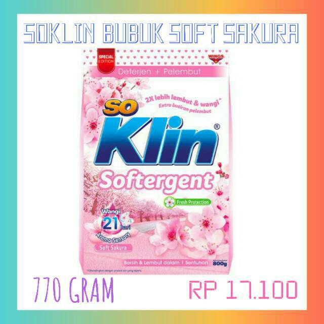 Jual SO KLIN SOFTERGENT POWDER 770 gr SAKURA soklim deterjen bubuk 770gram aw | Shopee Indonesia
