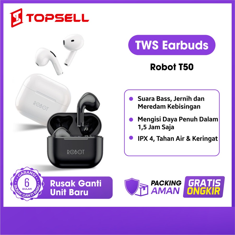 Jual Robot TWS Wireless Earphone Airbuds T50 Original BT 5.1 True Wireless Headset Bluetooth ...
